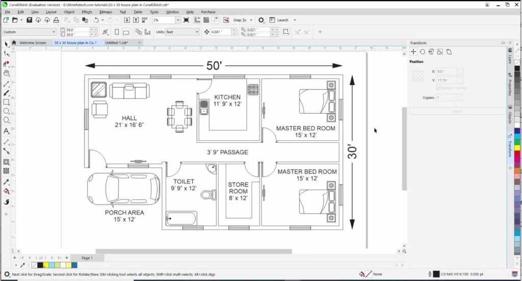 How to Draw a 50 x 30 Floor Plan in CorelDRAW - Exact Size